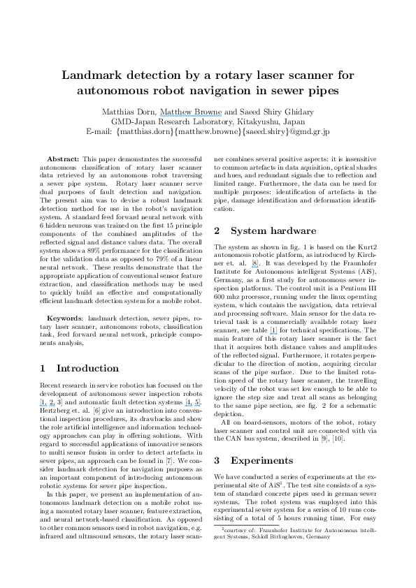 (PDF) Landmark detection by a rotary laser scanner for autonomous robot navigation in sewer pipes