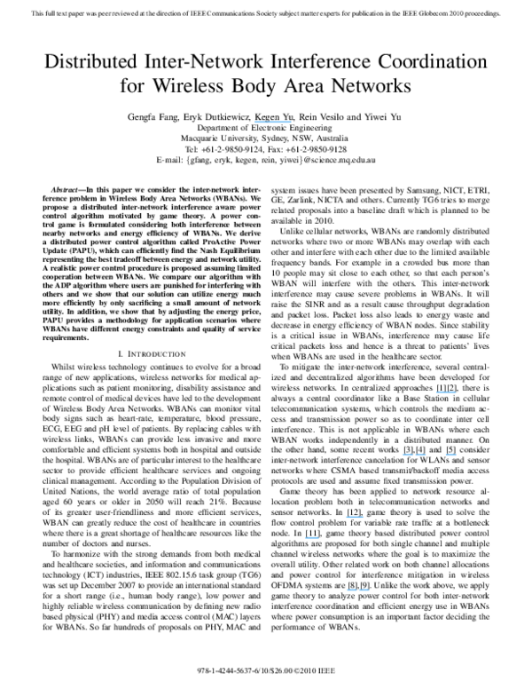 Pdf Interference Coordination In Wireless Body Area Networks
