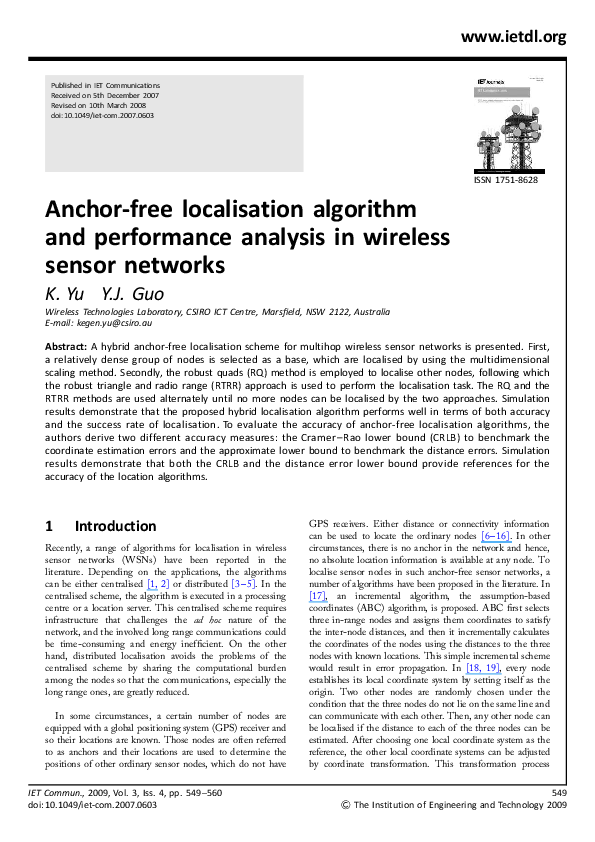 Pdf Anchor Free Localisation Algorithm And Performance Analysis In Wireless Sensor Networks