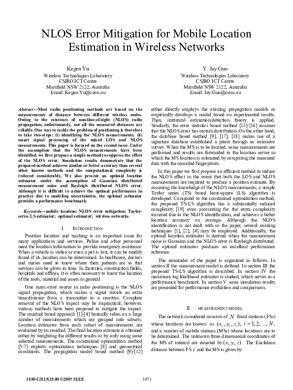 Pdf Nlos Error Mitigation For Mobile Location Estimation In Wireless Networks