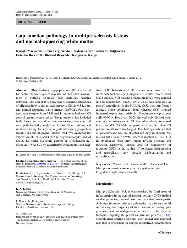 (PDF) Gap junction pathology in multiple sclerosis lesions and normal-appearing white matter ...