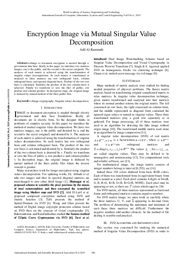 (PDF) Encryption Image via Mutual Singular Value Decomposition | Adil AL-Rammahi - Academia.edu