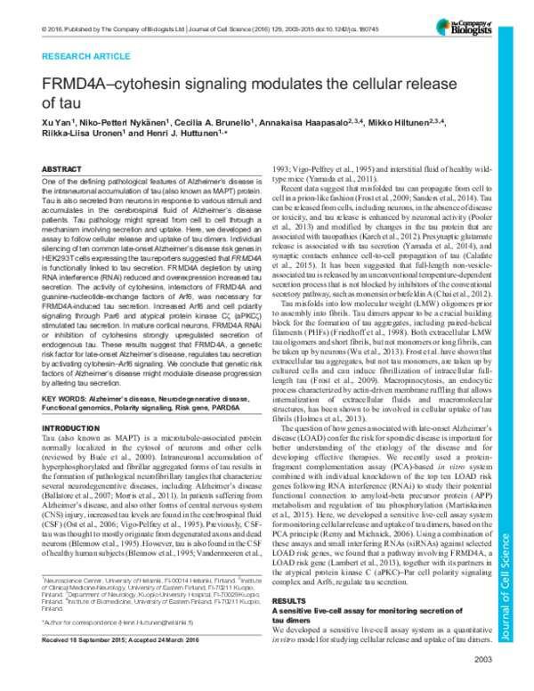 (PDF) FRMD4A–cytohesin signaling modulates the cellular release of tau