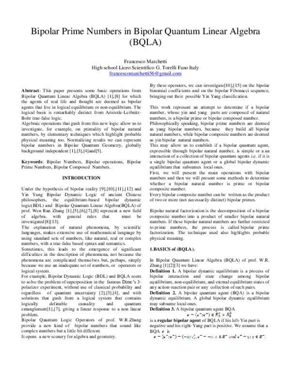 (PDF) Bipolar Prime Numbers in Bipolar Quantum Linear Algebra (BQLA