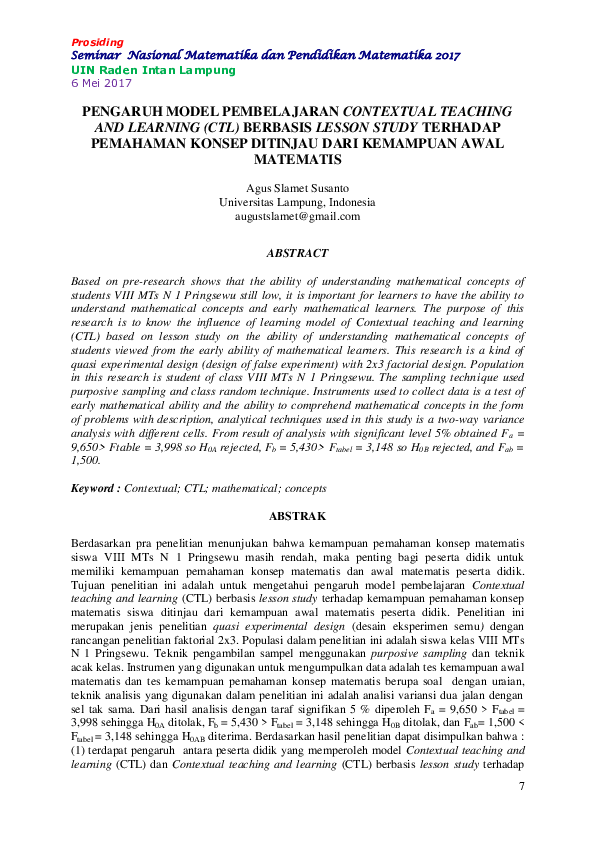 (PDF) PENGARUH MODEL PEMBELAJARAN CONTEXTUAL TEACHING AND LEARNING (CTL) BERBASIS LESSON STUDY ...