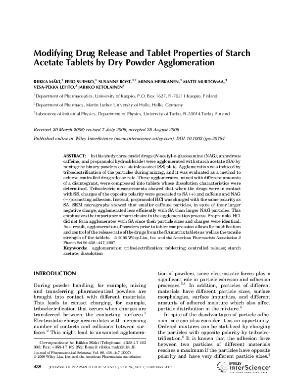 Pdf Modifying Drug Release And Tablet Properties Of Starch Acetate Tablets By Dry Powder