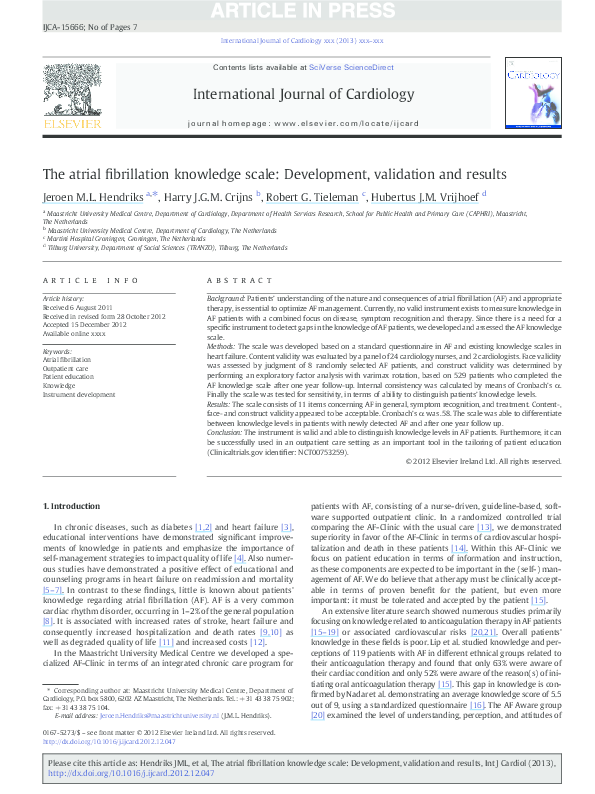 Pdf The Atrial Fibrillation Knowledge Scale Development Validation And Results