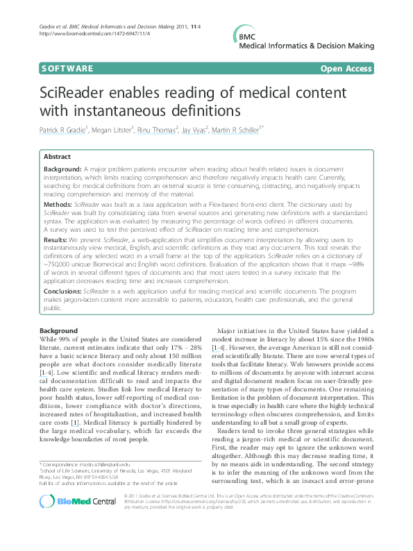(PDF) SciReader enables reading of medical content with instantaneous definitions