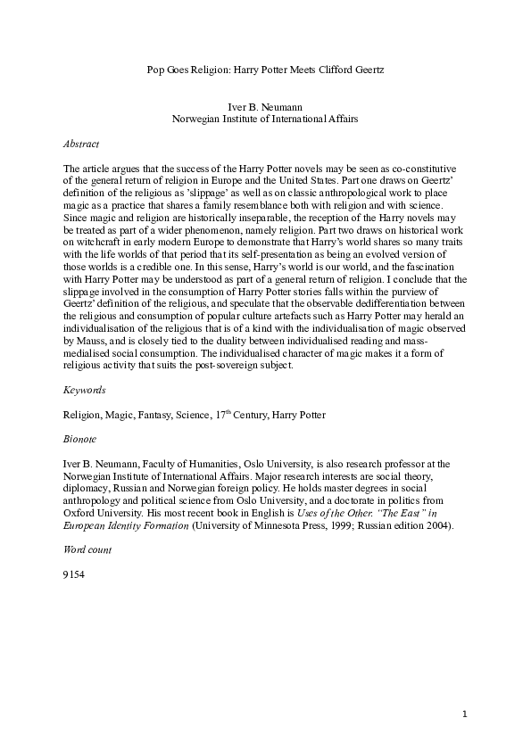 (DOC) Pop Goes Religion Harry Potter Meets Clifford Geertz.doc | Iver B ...