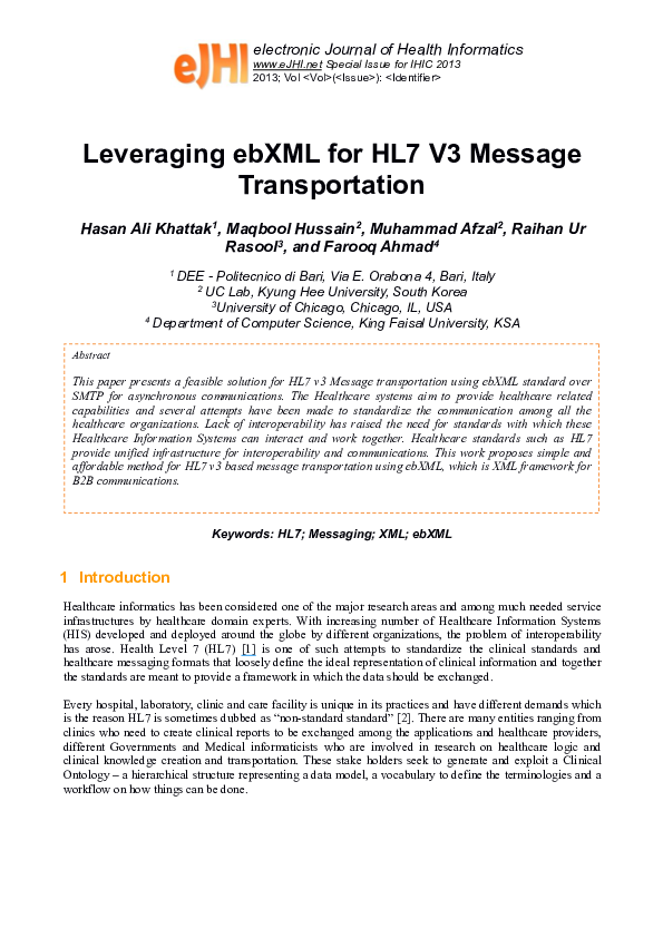 (PDF) Leveraging ebXML for HL7 V3 Message Transportation
