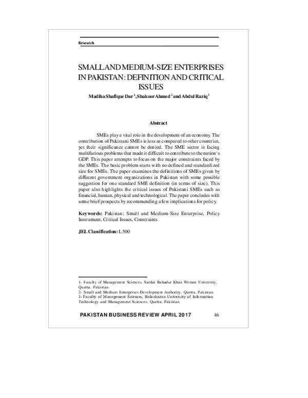 (PDF) SMALL AND MEDIUM-SIZE ENTERPRISES IN PAKISTAN: DEFINITION AND ...