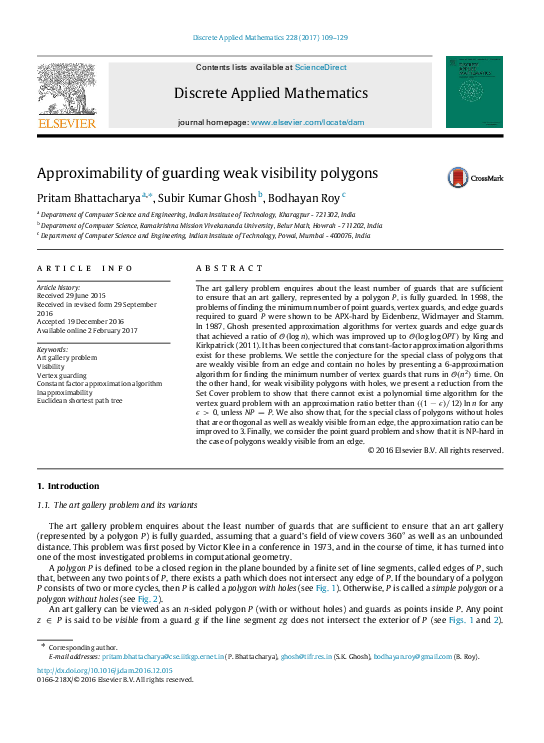 (PDF) Approximability of Guarding Weak Visibility Polygons