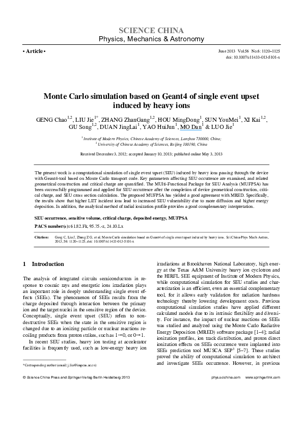(PDF) Monte Carlo simulation based on Geant4 of single event upset induced by heavy ions
