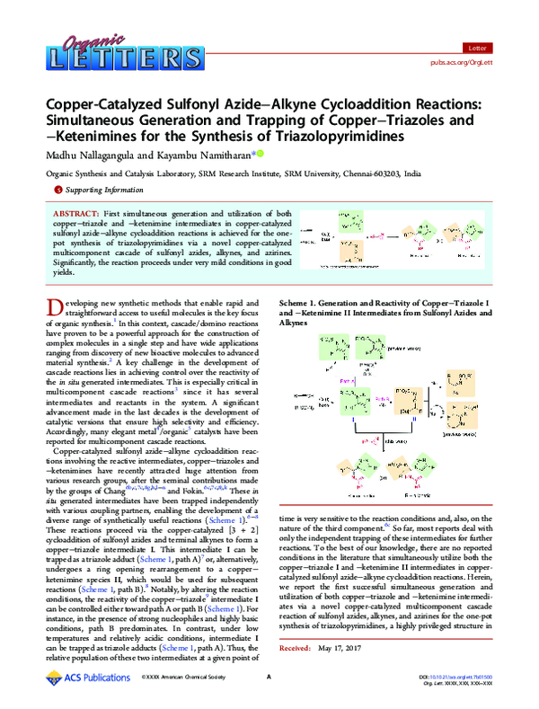 (PDF) Copper-Catalyzed Sulfonyl Azide−Alkyne Cycloaddition Reactions: Simultaneous Generation ...