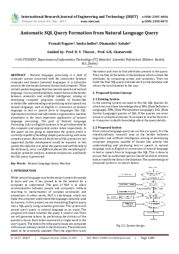 (PDF) Automatic SQL Query Formation from Natural Language Query