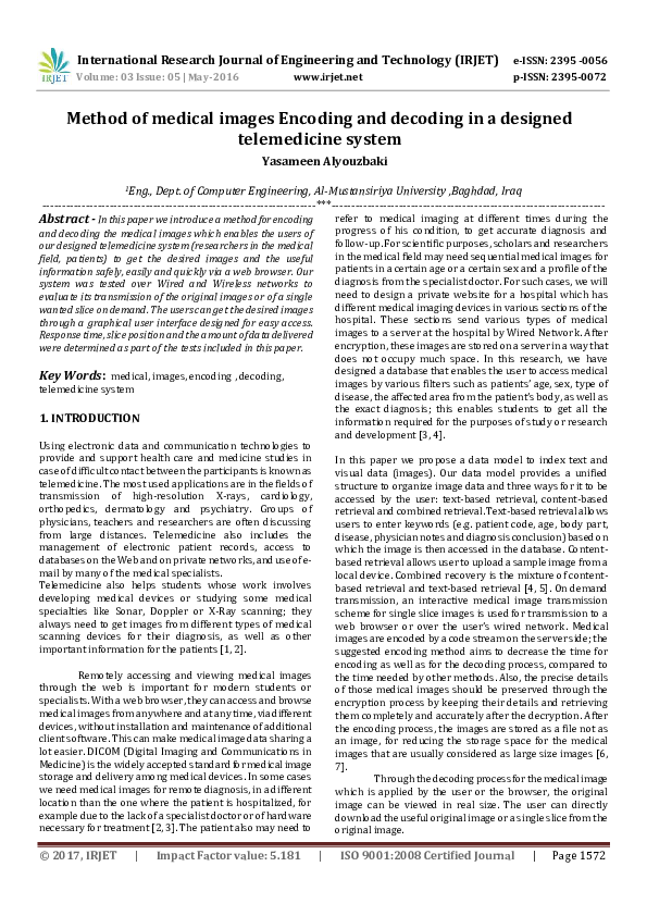 (PDF) Method of medical images Encoding and decoding in a designed ...