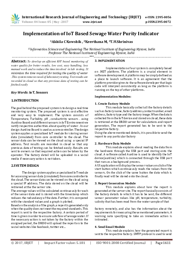 Pdf Implementation Of Iot Based Sewage Water Purity Indicator Irjet Journal