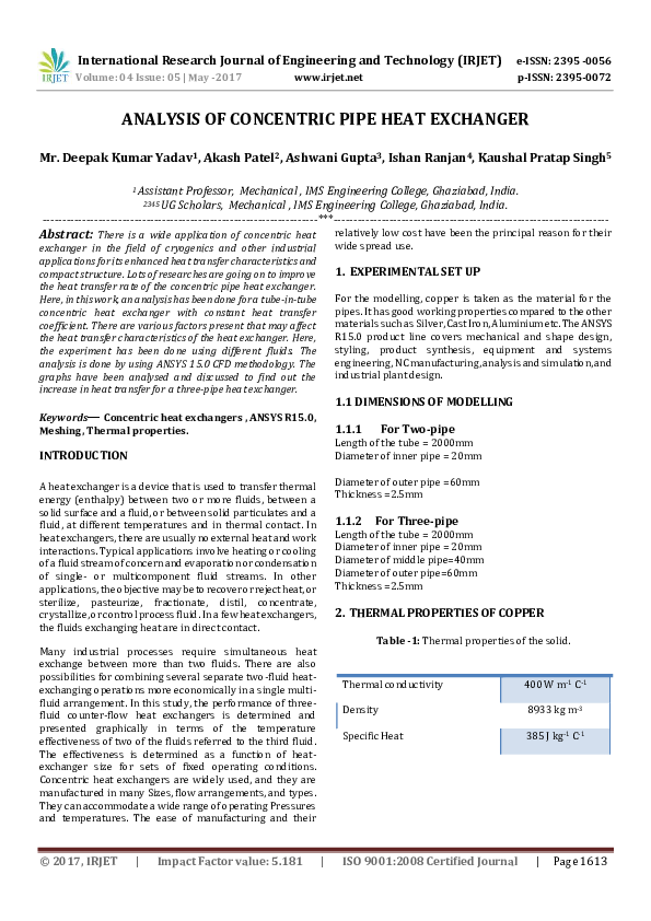 (PDF) ANALYSIS OF CONCENTRIC PIPE HEAT EXCHANGER