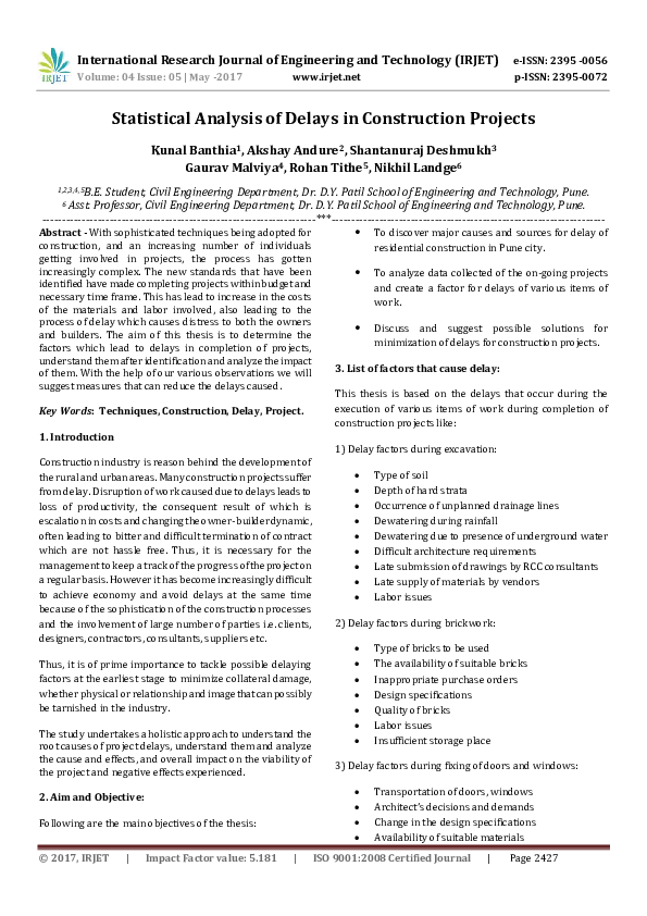 (PDF) Statistical Analysis of Delays in Construction Projects