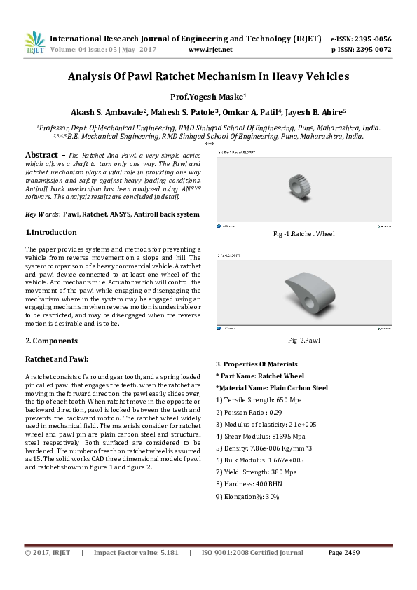 (PDF) Analysis of Pawl Ratchet Mechanism in Heavy Vehicles
