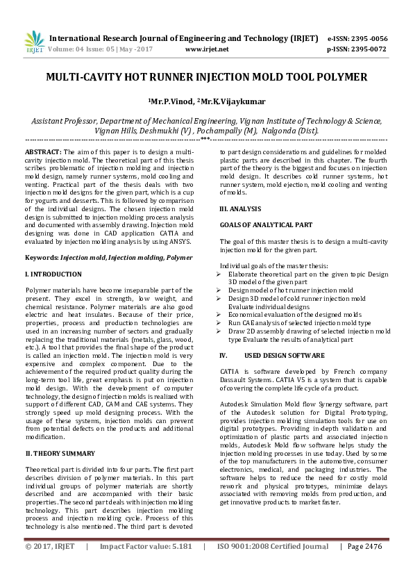 (PDF) MULTI-CAVITY HOT RUNNER INJECTION MOLD TOOL POLYMER