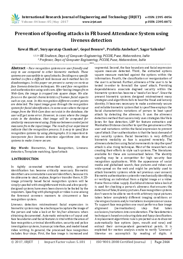 (PDF) Prevention of Spoofing attacks in FR based Attendance System ...