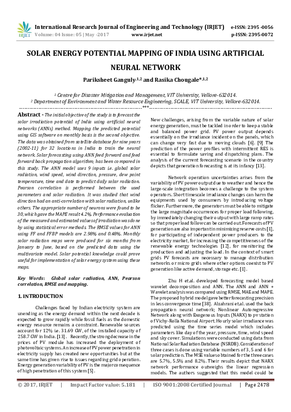 Pdf Solar Energy Potential Mapping Of India Using Artificial Neural Network