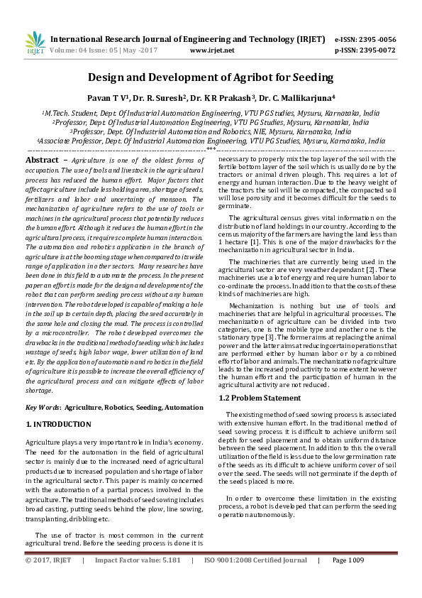 (PDF) Design and Development of Agribot for Seeding