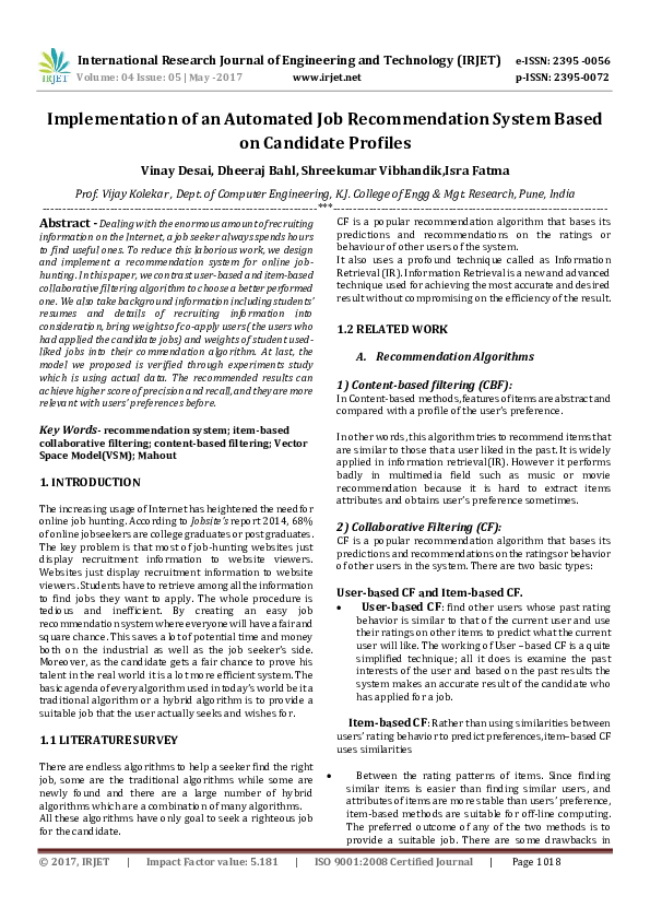 (PDF) Implementation of an Automated Job Recommendation System Based on ...