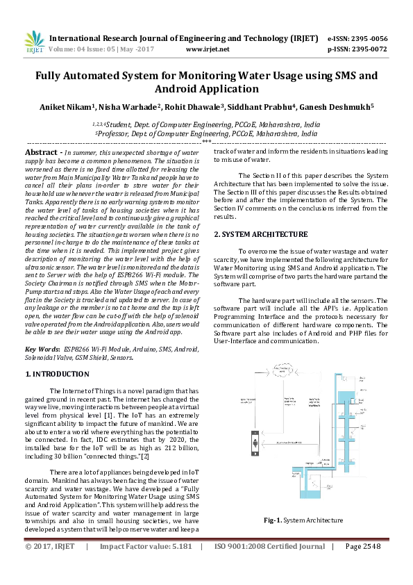 Pdf Fully Automated System For Monitoring Water Usage Using Sms And