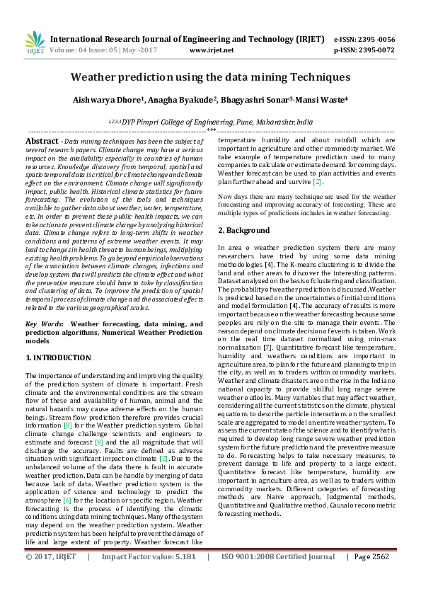 (PDF) Weather prediction using the data mining Techniques