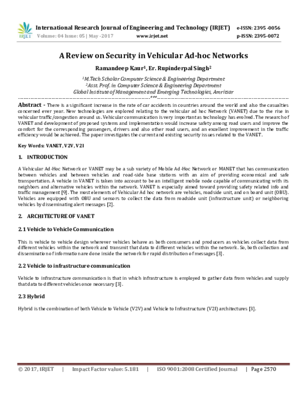 Pdf A Review On Security In Vehicular Ad Hoc Networks Irjet Journal