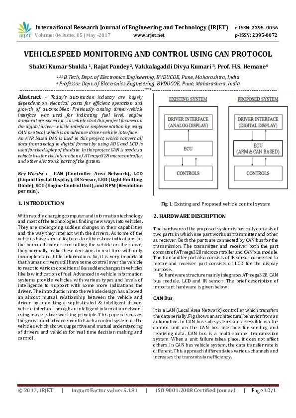 (PDF) VEHICLE SPEED MONITORING AND CONTROL USING CAN PROTOCOL