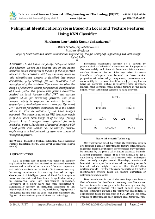 Pdf Palmprint Identification System Based On Local And Texture Features Using Knn Classifier
