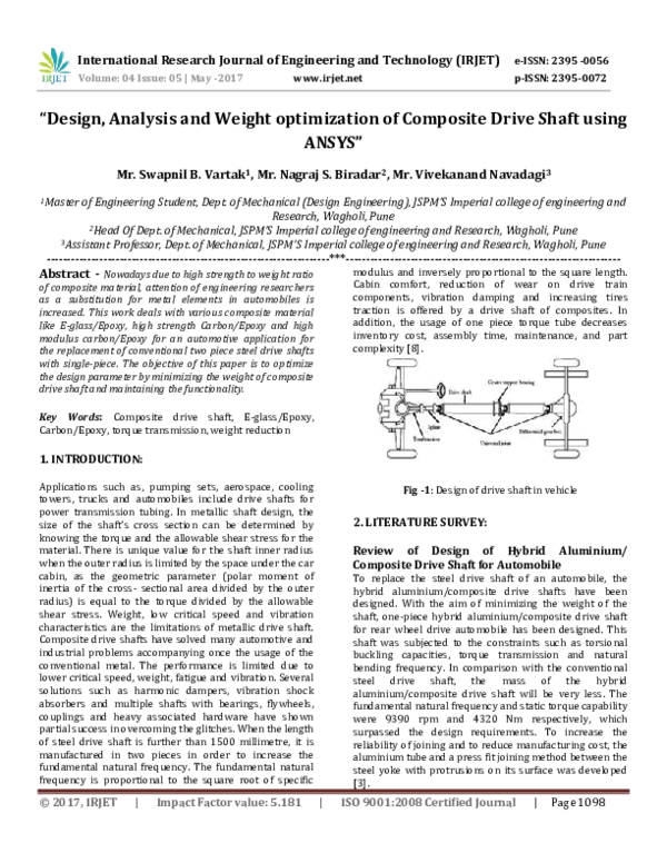 (PDF) " Design, Analysis and Weight optimization of Composite Drive Shaft using ANSYS