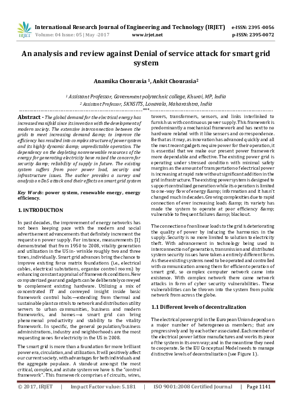 Pdf An Analysis And Review Against Denial Of Service Attack For Smart Grid System