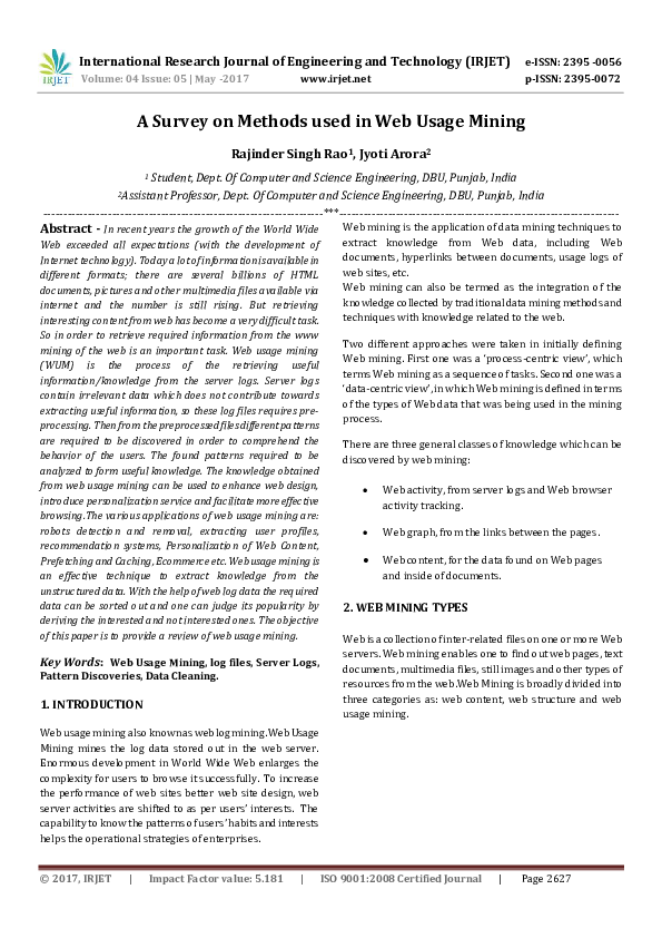 Pdf A Survey On Methods Used In Web Usage Mining