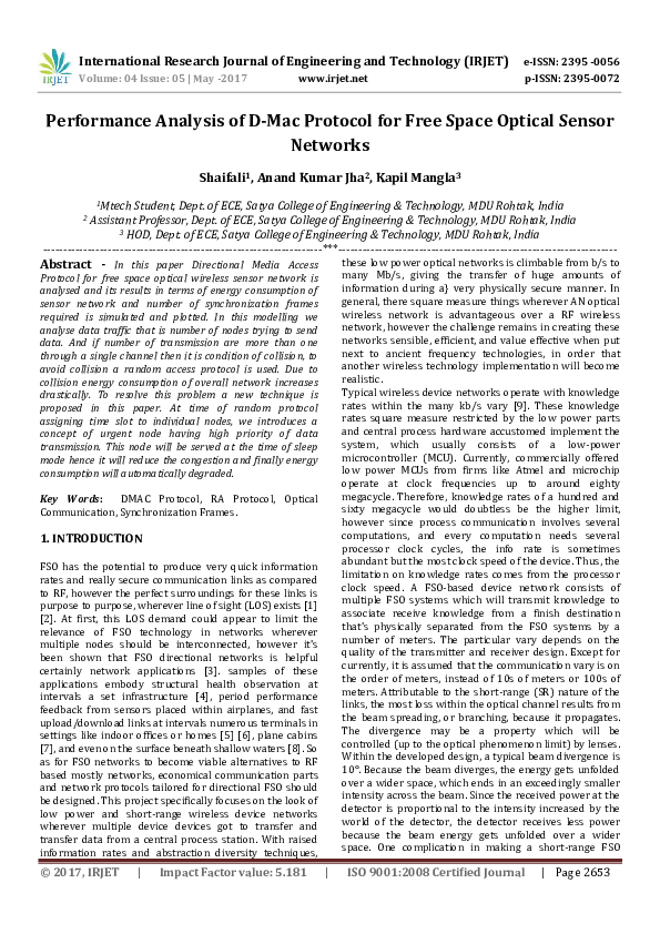 Pdf Performance Analysis Of D Mac Protocol For Free Space Optical Sensor Networks