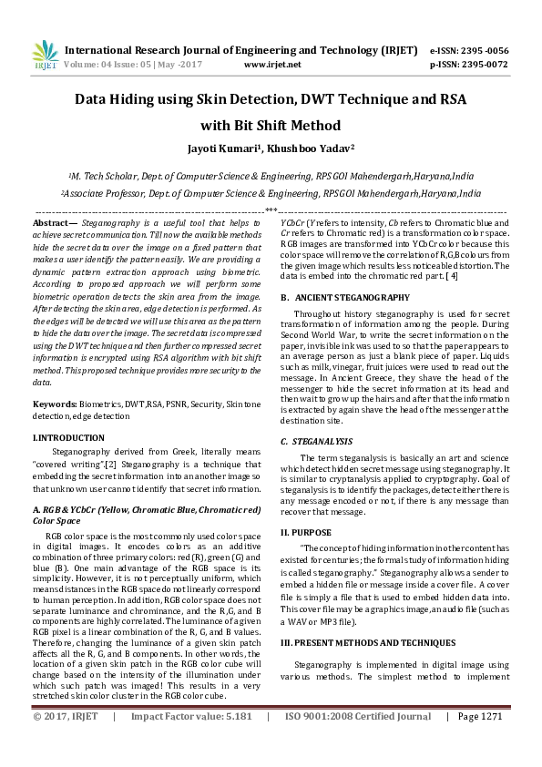 Pdf Data Hiding Using Skin Detection Dwt Technique And Rsa With Bit Shift Method Irjet 7823