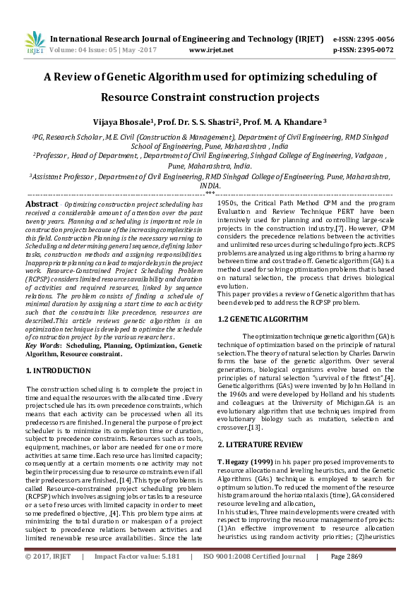 Pdf A Review Of Genetic Algorithm Used For Optimizing Scheduling Of Resource Constraint