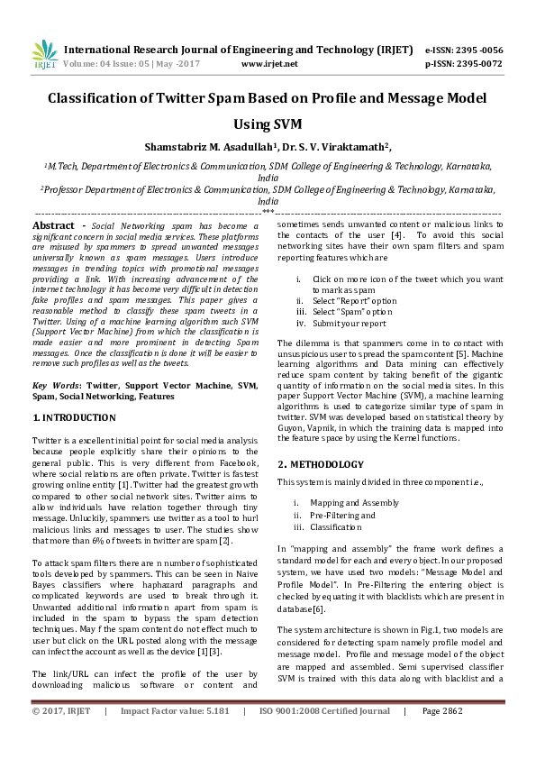 (PDF) Classification of Twitter Spam Based on Profile and Message Model Using SVM