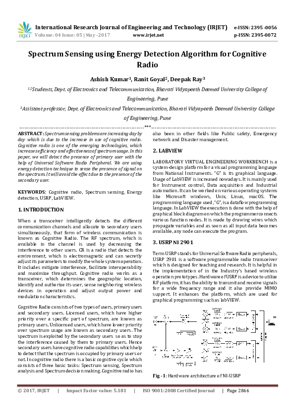 (PDF) Spectrum Sensing using Energy Detection Algorithm for Cognitive Radio