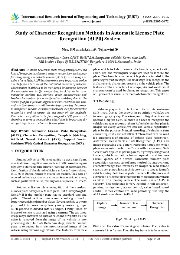 (PDF) Study of Character Recognition Methods in Automatic License Plate Recognition (ALPR) System