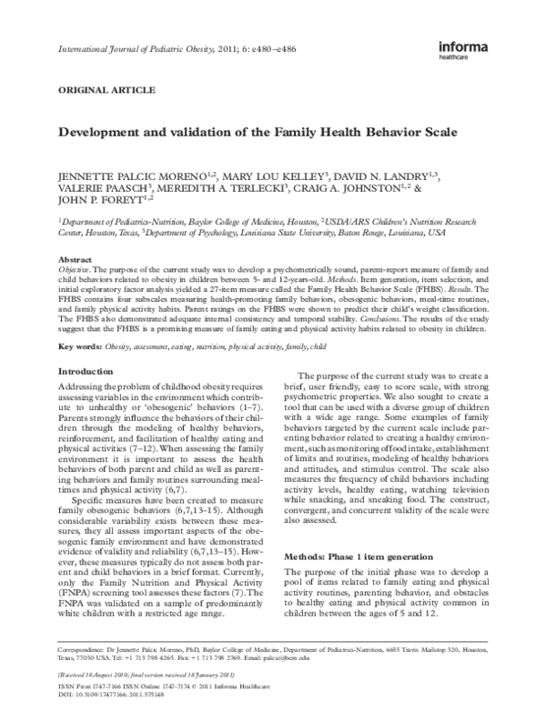 (PDF) Development and validation of the Family Health Behavior Scale