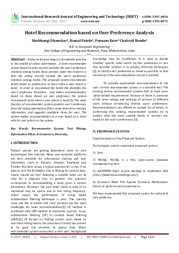 (PDF) Hotel Recommendation based on User Preference Analysis | IRJET ...