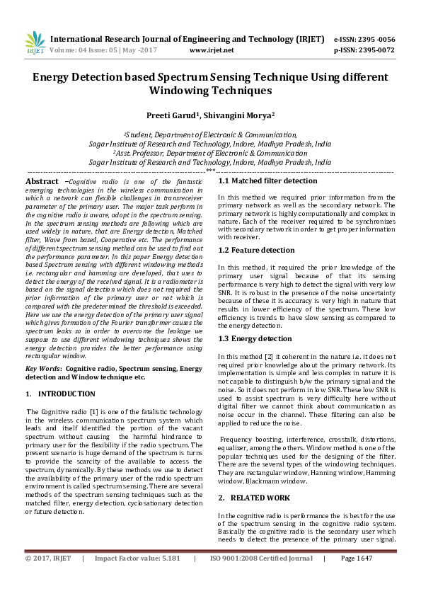 (PDF) Energy Detection based Spectrum Sensing Technique Using different Windowing Techniques