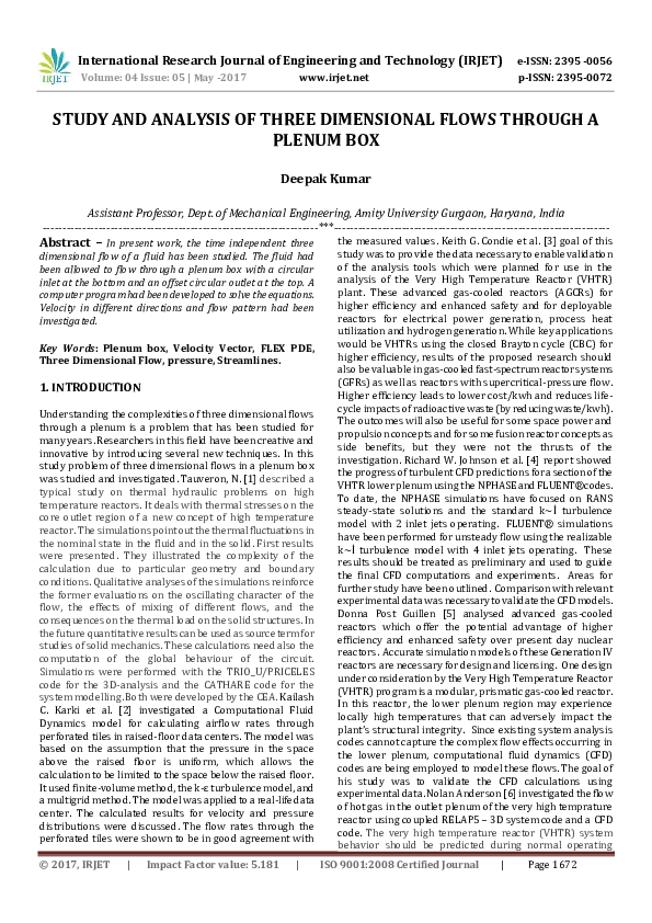 (PDF) STUDY AND ANALYSIS OF THREE DIMENSIONAL FLOWS THROUGH A PLENUM BOX