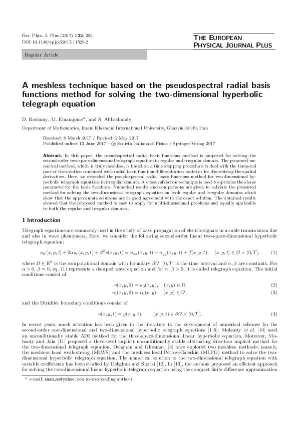 (PDF) THE EUROPEAN PHYSICAL JOURNAL PLUS A meshless technique based on the pseudospectral radial ...