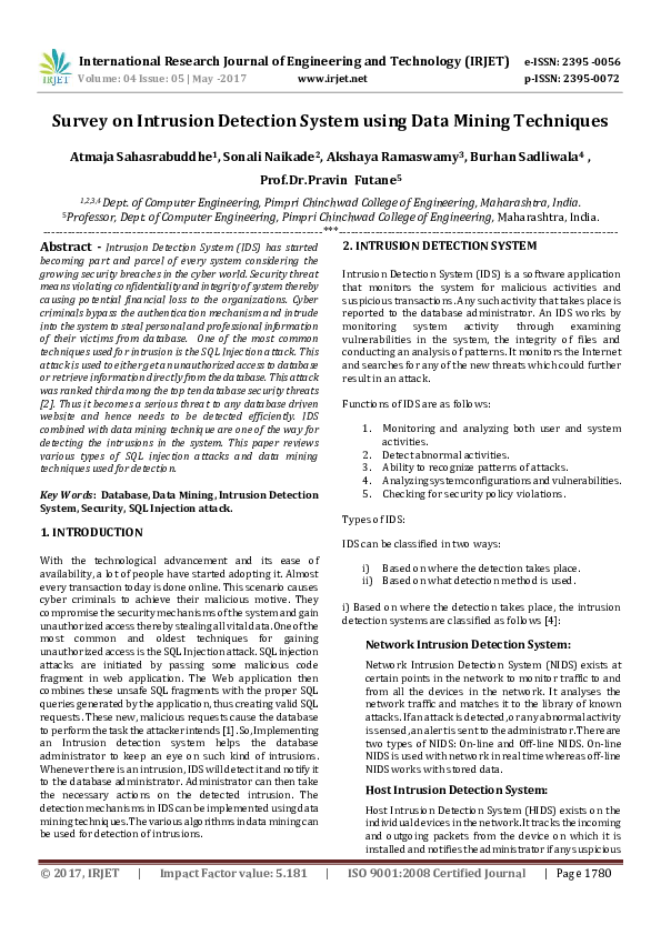 (PDF) Survey on Intrusion Detection System using Data Mining Techniques
