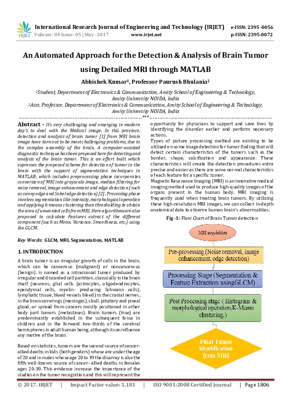 Pdf An Automated Approach For The Detection And Analysis Of Brain Tumor